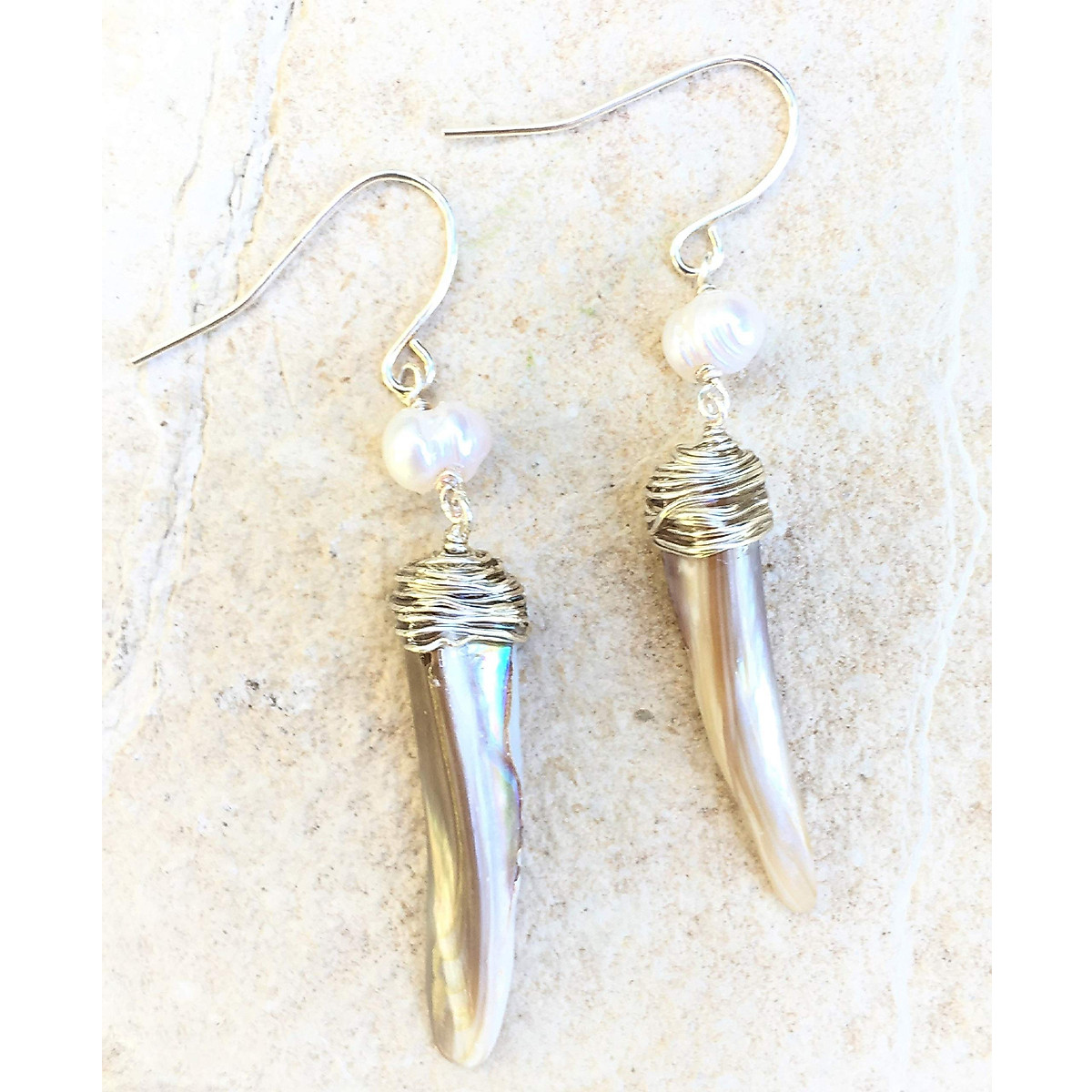 Natural Baroque Pearl and Shell Spike Dangle Earrings, Cultured Pearl, Natural Shell, Sterling Silver Ear Wire, Pearl White, Handmade -2~2 1/4 Inches Long with Ear Wire