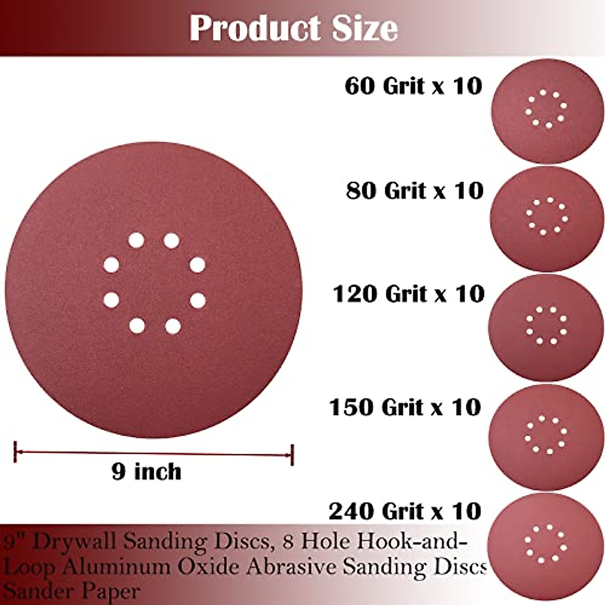 Sackorange 50 PCS 9-Inch 8-Hole Drywall Sanding Discs Set -10 PCS Each of 60 80 120 150 240 Grits, Premium 9" Hook-and-Loop Aluminum Oxide Abrasive Sander Paper for Drywall Sander