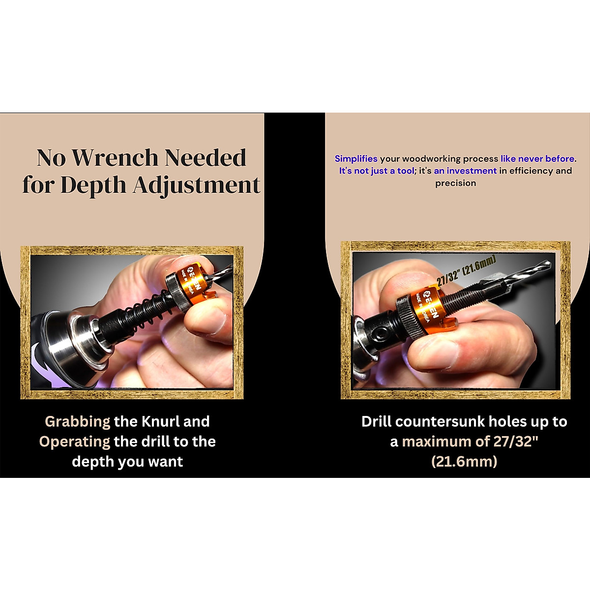 Adjustable Depth Countersink Drill Bit_Self-Adjusting Depth Control Without Wrench, Preventing Scratches Or Marks by Stopper Mounted Bearing, Tungsten Carbide Tipped Counterbore_5/32"x25/64" (4x10mm)