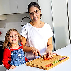 Boelley Extra Large Bamboo Cutting Board-Wood Cutting Board set for kitchen Chopping Board for Meat (Butcher Block) w/Juice Groove & Compartment & Handles w/6 Utensils &1 canvas bag L17"X13"