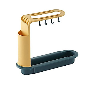 Telescopic Sink Holder, Adjustable Expandable Storage Drain Basket Rack, Sink Organizer Tray Sponge Soap Holder, Dish Cloth Hanger for Kitchen (Yellow-Blue)
