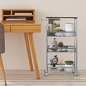 NANANARDOSO Slim Rolling Cart, Narrow Cart with Wood Top, 7.3'' Deep, Metal Handle and Wire Mesh Kitchen Cart for Narrow Space on Kitchen, Bathroom, Silver.