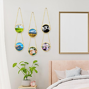 BBTO 8 Pack Round Hanging Glass Frame Small Brass Hanging Photo Frames Set Wall Mounted Gold Double Glass Display for Pressed Flowers Photos Dried Specimen DIY Artwork Display Decoration, 3.9 Inch