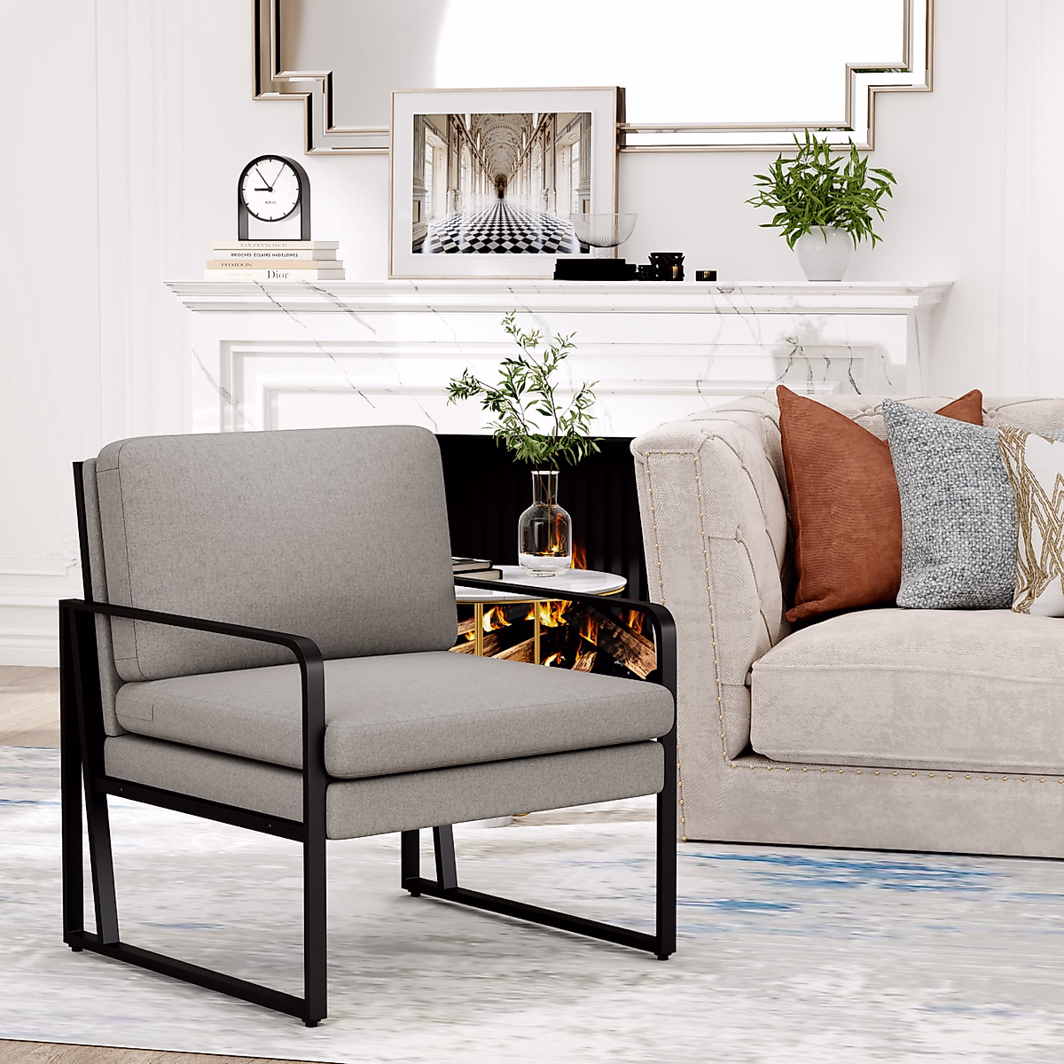 Andeworld Modern Accent Chair, Mid Century Living Room Armchair, Upholstered Linen Sofa Side Chair with Metal Legs for Reading,Lounging,Bedroom Apartment,Grey