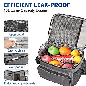 IKNOE Large Cooler Bag Collapsible 15 Can Insulated Bags, 10L Leakproof Lunch Cooler Tote with Multi-Pockets for Adult Insulated Lunch Box for Beach, Picnic, Work(Grey)