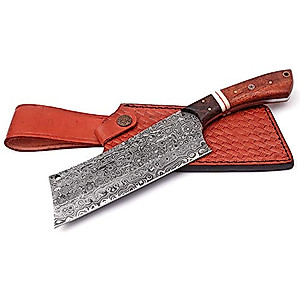 Damascus Meat Cleaver Knife, Damascus Steel Chef Knife & Butcher Knife - Multipurpose Sharp Knife, Vegetable Cleaver & Meat Cleavers, Kitchen Knife for Meat with Rose Wood Handle & Knife Sheath