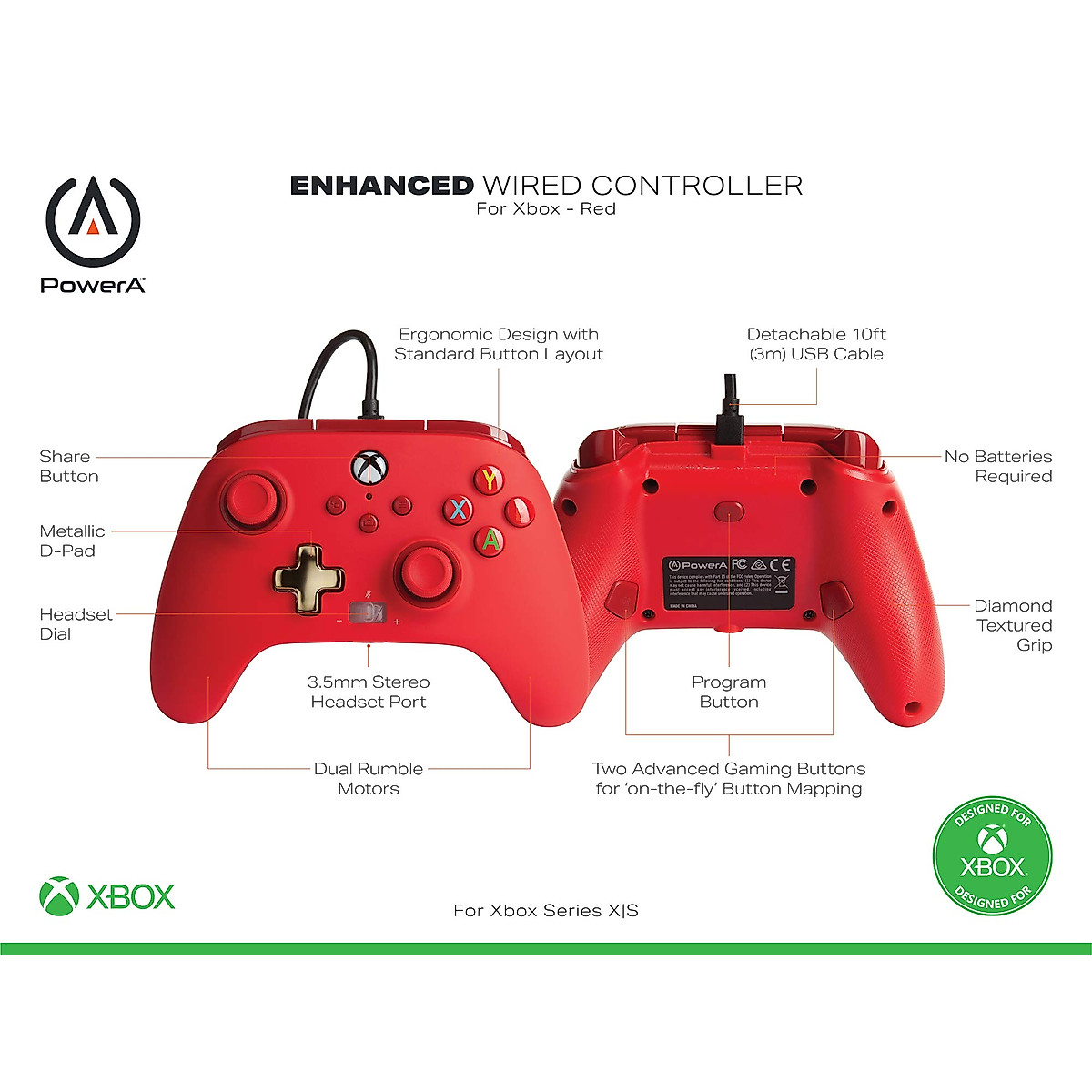 PowerA Enhanced Wired Controller for Xbox Series X|S - Red, Detachable 10ft USB Cable, Mappable Buttons and Rumble Motors, Officially Licensed for Xbox