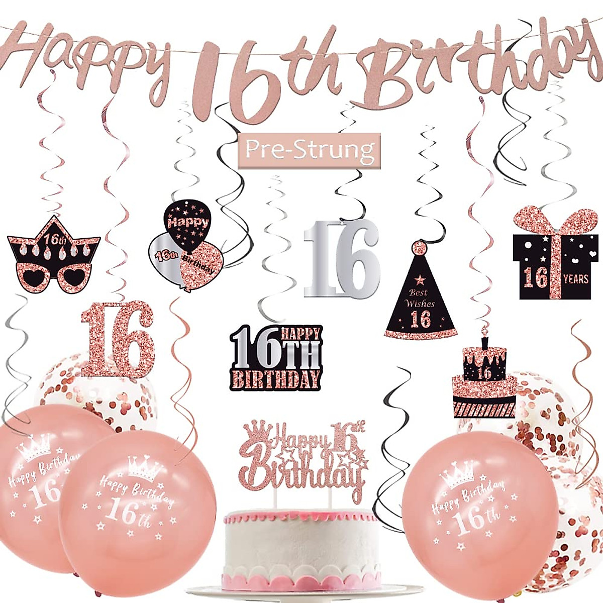 WOJOGO Sweet 16 Party Decorations Rose Gold 16th Birthday Decorations for Girls Pre-strung Happy 16th Birthday Party Banner Hanging Swirls Birthday Cake Topper Balloons