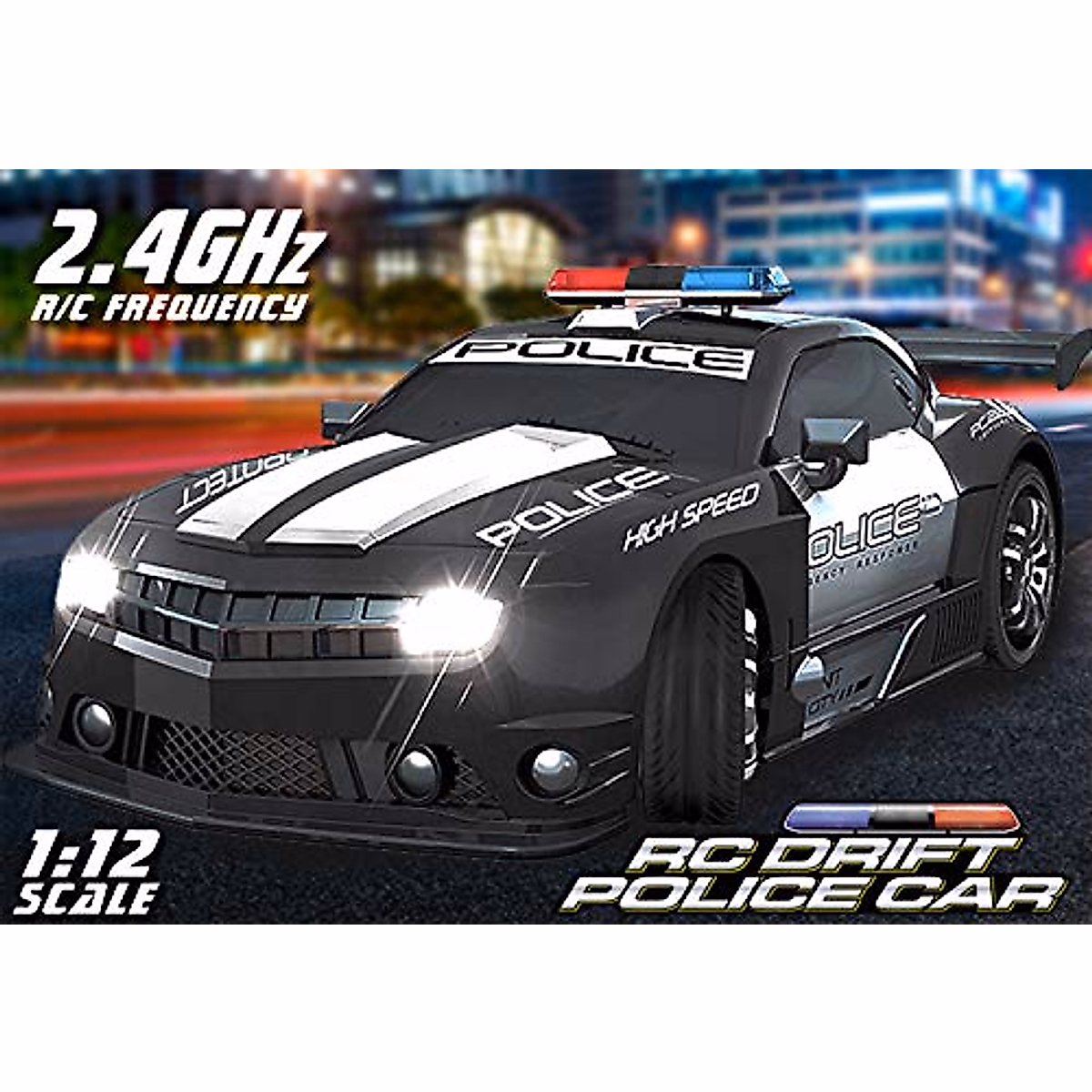 Haktoys Remote Control Police Car RC High Speed Cop Chase 1:12 Scale Radio Control Patrol Sports Vehicle with Headlights
