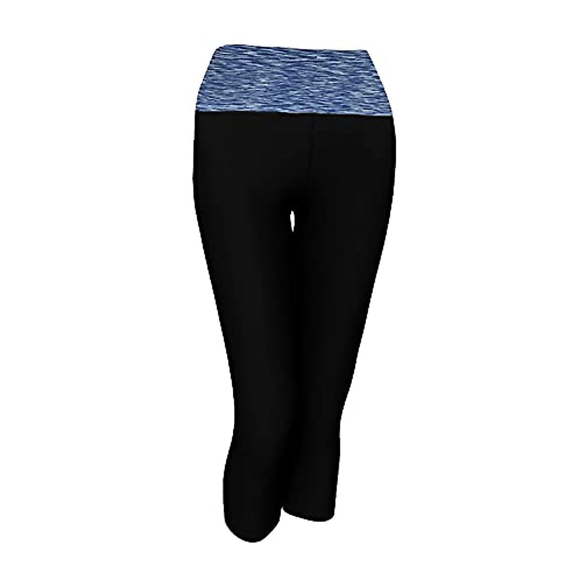 Womens Two Tone Foldover Fabirc Stretch Yoga Gym Capri Leggings Pants - Black/Royal Blue, L/XL