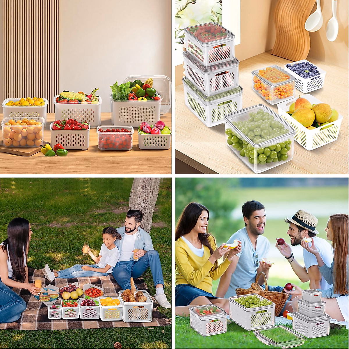 Cthglong 5 PCS Fruit Containers for Fridge, Food Storage Containers with Removable Colander, Dishwasher & Microwave Safe Produce Container, Fridge Organizers Keep Fruit, Berry, Vegetable, Fresh Longer