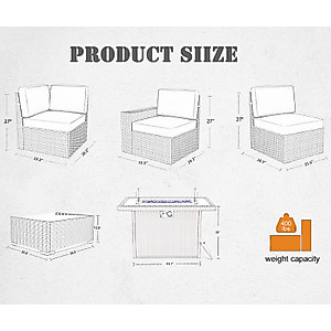 Vakollia 7 Pieces Patio Furniture Set with 44" Propane Gas Fire Pit Table, Outdoor Sectional Brown Rattan Wicker Conversation Sofa Sets with Coffee Table