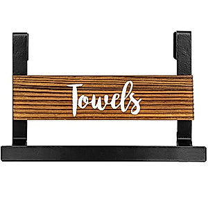MyGift Black Metal Over The Cabinet Kitchen Towel Holder Dishrag Drying Rack with Rustic Solid Burnt Wood White Cursive Towels Design Sign