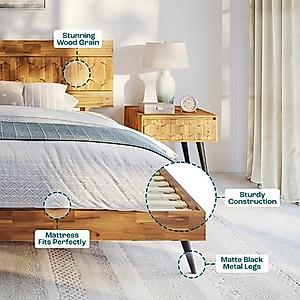 Bme Georgina King Bed Frame and Headboard, Handcrafted Geometric Pattern Solid Wood, No Box Spring Needed, 12 Strong Wood Slats Support, Easy Assembly, Teak Brown + Large Rectangle Wicker Baskets