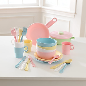 KidKraft 27-Piece Pastel Cookware Set, Plastic Dishes and Utensils for Play Kitchens, Gift for Ages 18 mo+