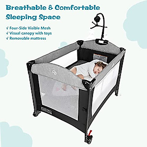 4 in 1 Portable Pack n Play, Baby Bedside Crib w/Bassinet, Folding Nursery Center Playard, Large Playpen for Infant and Toddler, Newborn Changing Table, Storage, Grey Basket, Side Zipper, Travel Bag