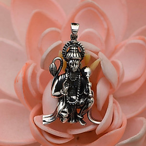 Lord Hanuman Sitting Idol Oxidized Finish Religious Pendant 925 Sterling Silver Jewelry