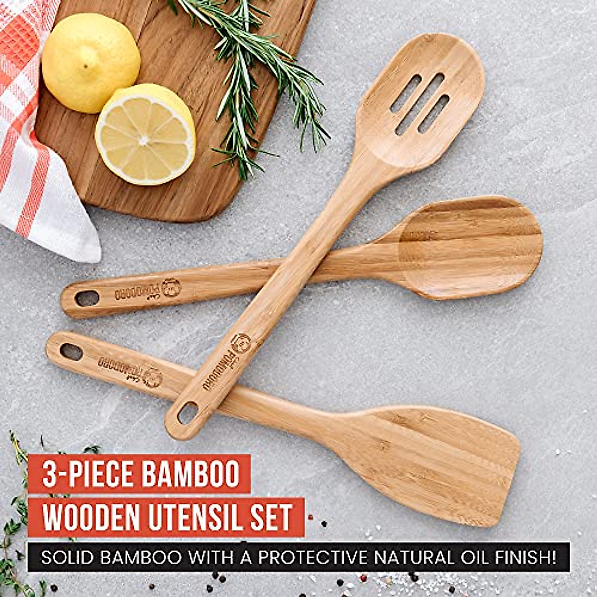 Chef Pomodoro Wooden Cooking Utensils 3-Piece Set, Bamboo | Large 12.5-Inch, Wooden Spatula for Cooking, Kitchen Utensil Set | Wooden Kitchen Frying Set,