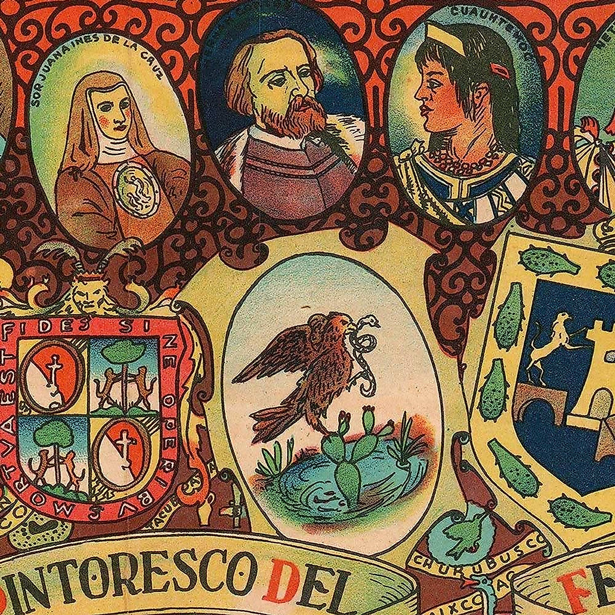 Antiguos Maps Valley of Mexico, Mexico City Pictoral Map c. 1930 - Mapa Pintoresco del Distrito Federal Yalre Dedores - measures 24 inches x 36 inches (610 mm x 915 mm)