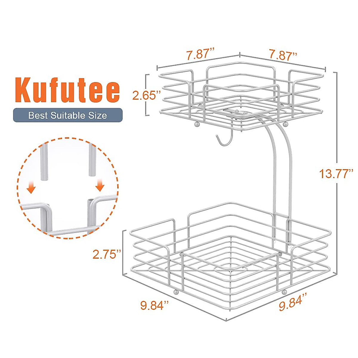 Kufutee 2 Tier Countertop Fruit Basket,Vegetables Bowl Storage With Banana Hanger,Sliver