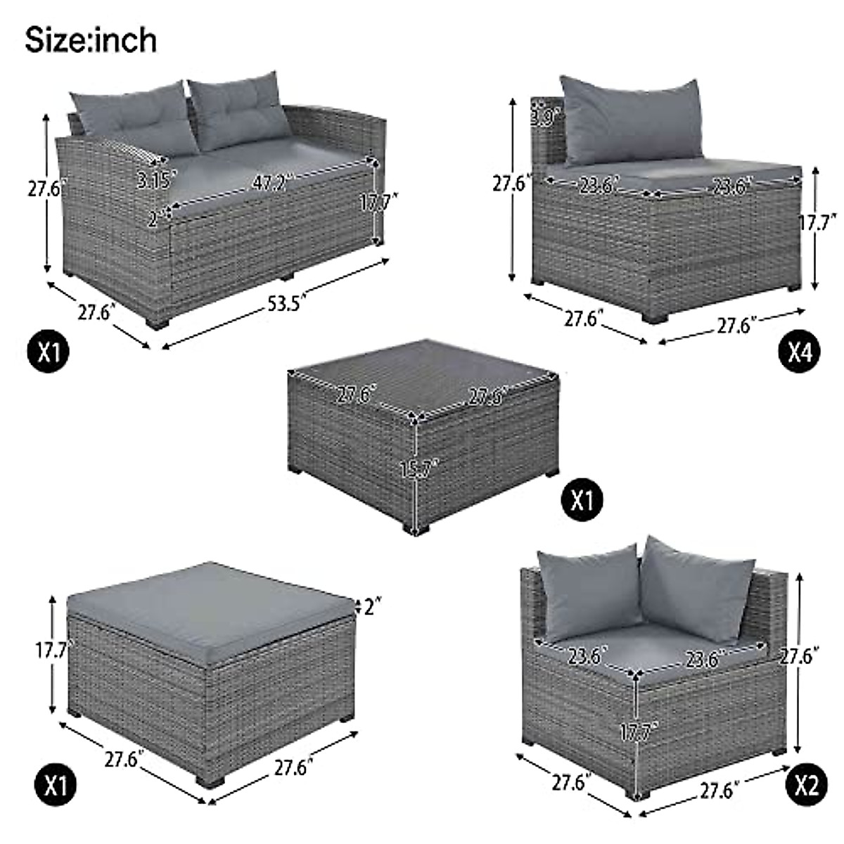 Cotoala 9-Piece Outdoor Patio Large Wicker Sofa Set, PE Rattan Conversation Sectional Couch with Ottoman and Glass Coffee Table for Garden, Backyard, Porch and Poolside, Grey