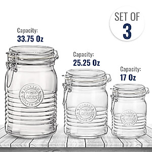 Bormioli Rocco Officina 1825 Variety Pack, Set Of 3 Glass Jars (33.75 Oz. 25.25 Oz. 17 Oz.), Wide Opening, With Airtight Hinged Lid, clear, Made In Italy.