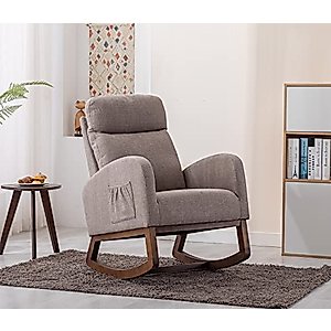 KINFFICT Comfy Rocking Chair, Upholstered Accent Glider Rocker for Baby Nursery or Relaxation, Living Room Armchair with High Back and Headrest, Modern Rocking Glider with Side Pocket, Grey