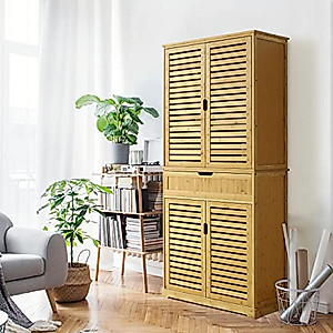 MUPATER Kitchen Pantry Storage Cabinet Microwave Hutch, 72'' Freestanding Bamboo Hutch Cabinet Buffet Cupboard Tall with Drawer and Doors for Home Kitchen Living Room