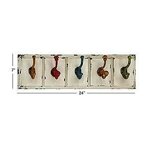 Deco 79 Wood 5 Hangers Wall Hook with Multi Colored Hooks, 24" x 4" x 7", White
