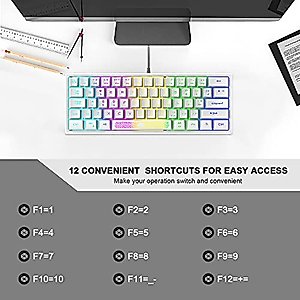 60% Gaming Keyboard and Mouse,Rainbow LED Backlit Gaming Keyboard with Wired Mini Portable Ergonomic 2400 DPI Ultralight Gaming Honeycomb Shell Mouse,Mouse Pad for Windows PC Gamers(White)