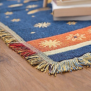UNIGARDEN Moon and Sun Throw Blanket Multi-Function Double Sided Cotton Woven Couch Throws Tassels Blue Yellow 51"X71"