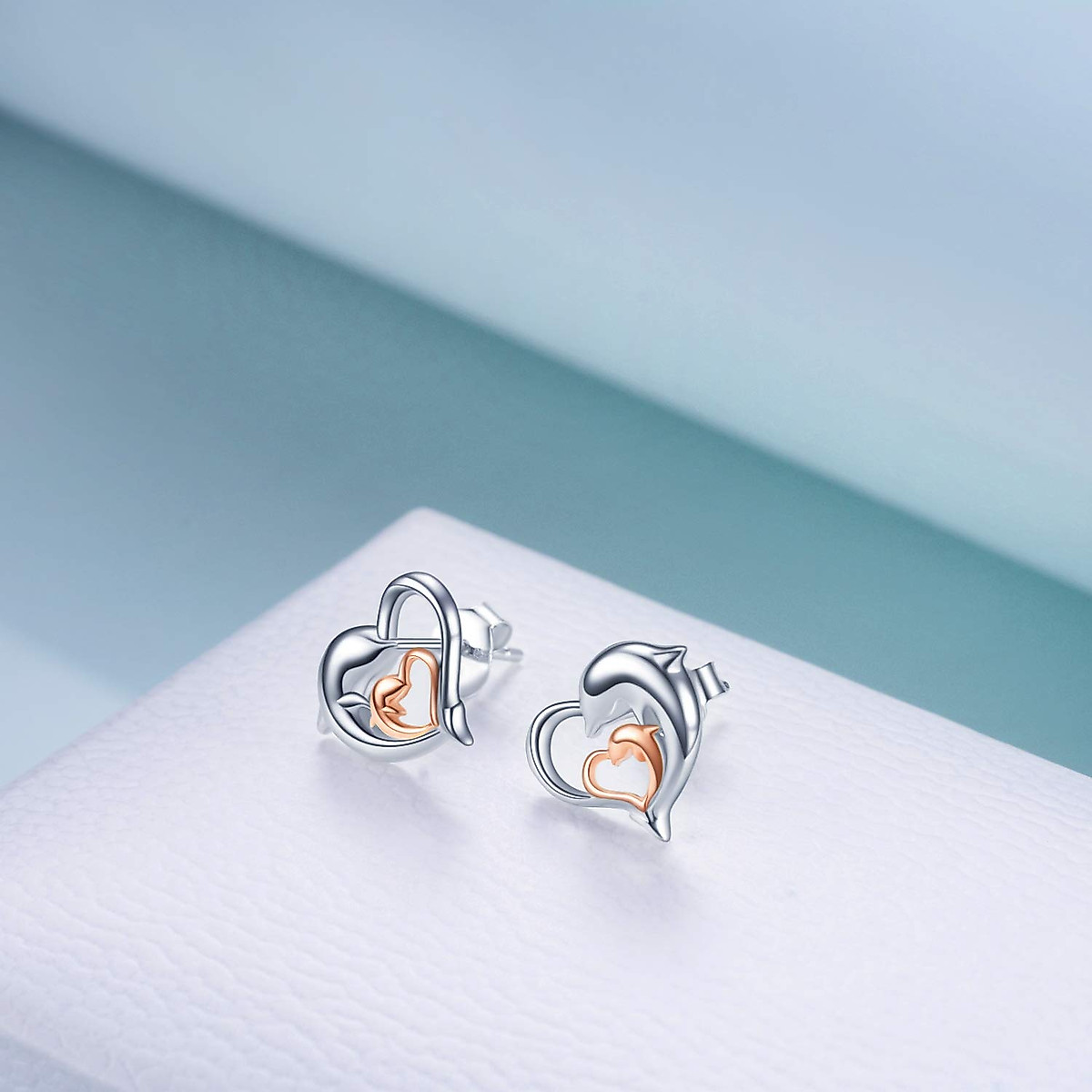 Dolphin Earrings Gifts for Women 925 Sterling Silver Gold Plated Eternal Love Heart Double Dolphin Stud Earrings Christmas Gifts for Women Girls (Rose gold dolphin earrings)