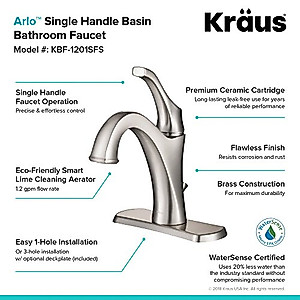 KRAUS KBF-1201SFS Arlo Single Handle Basin Bathroom Faucet with Lift Rod Drain and Deck Plate, Spot-Free All-Brite Stainless Steel