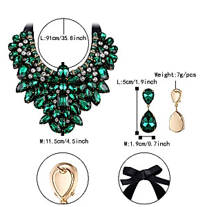 Flyonce Costume Jewelry for Women, Rhinestone Crystal Statement Necklace Earrings Set Emerald Color