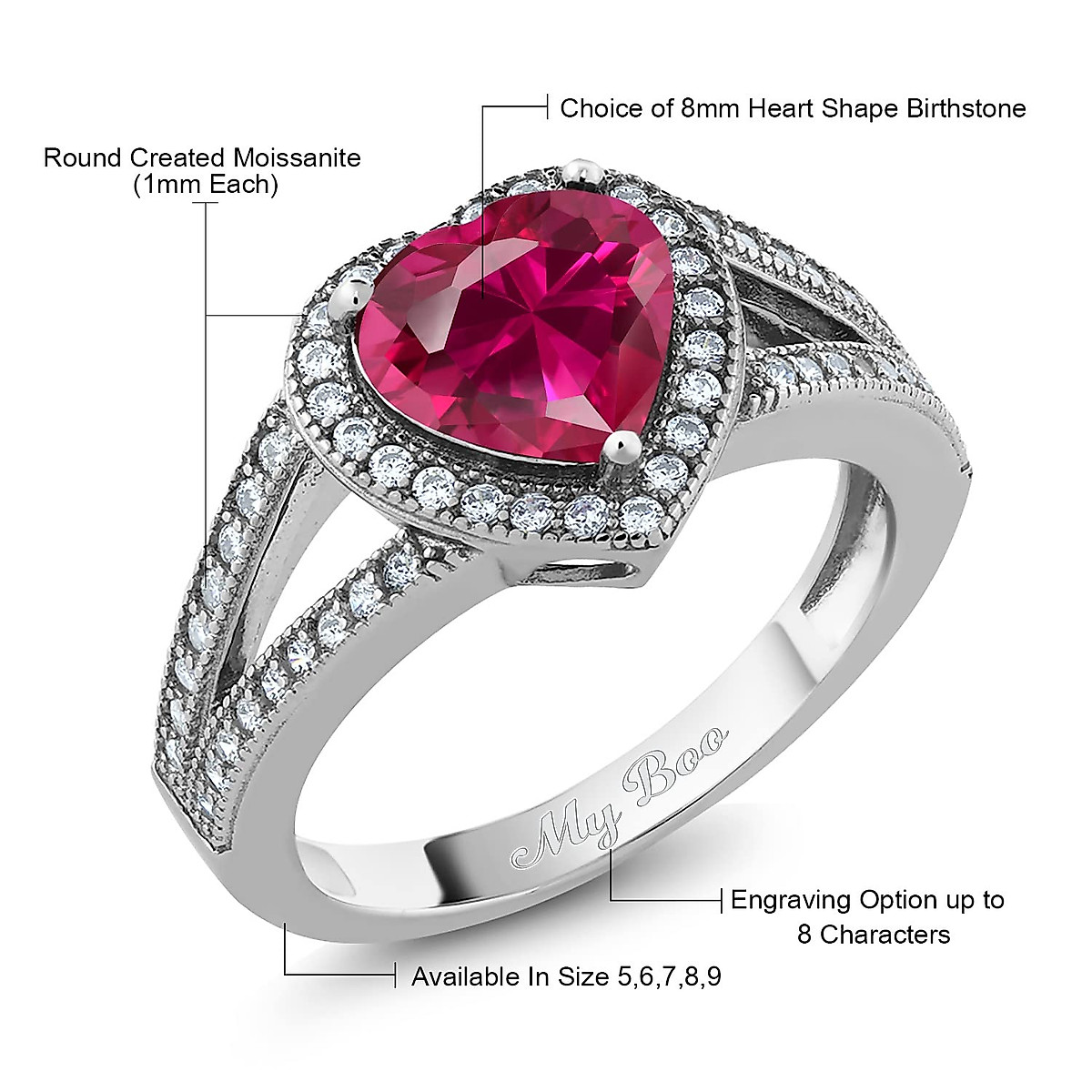 Gem Stone King 925 Sterling Silver Customized and Personalized 8MM Heart Shape Gemstone Birthstone and White Moissanite Name Engraved Ring For Women (Size 8)