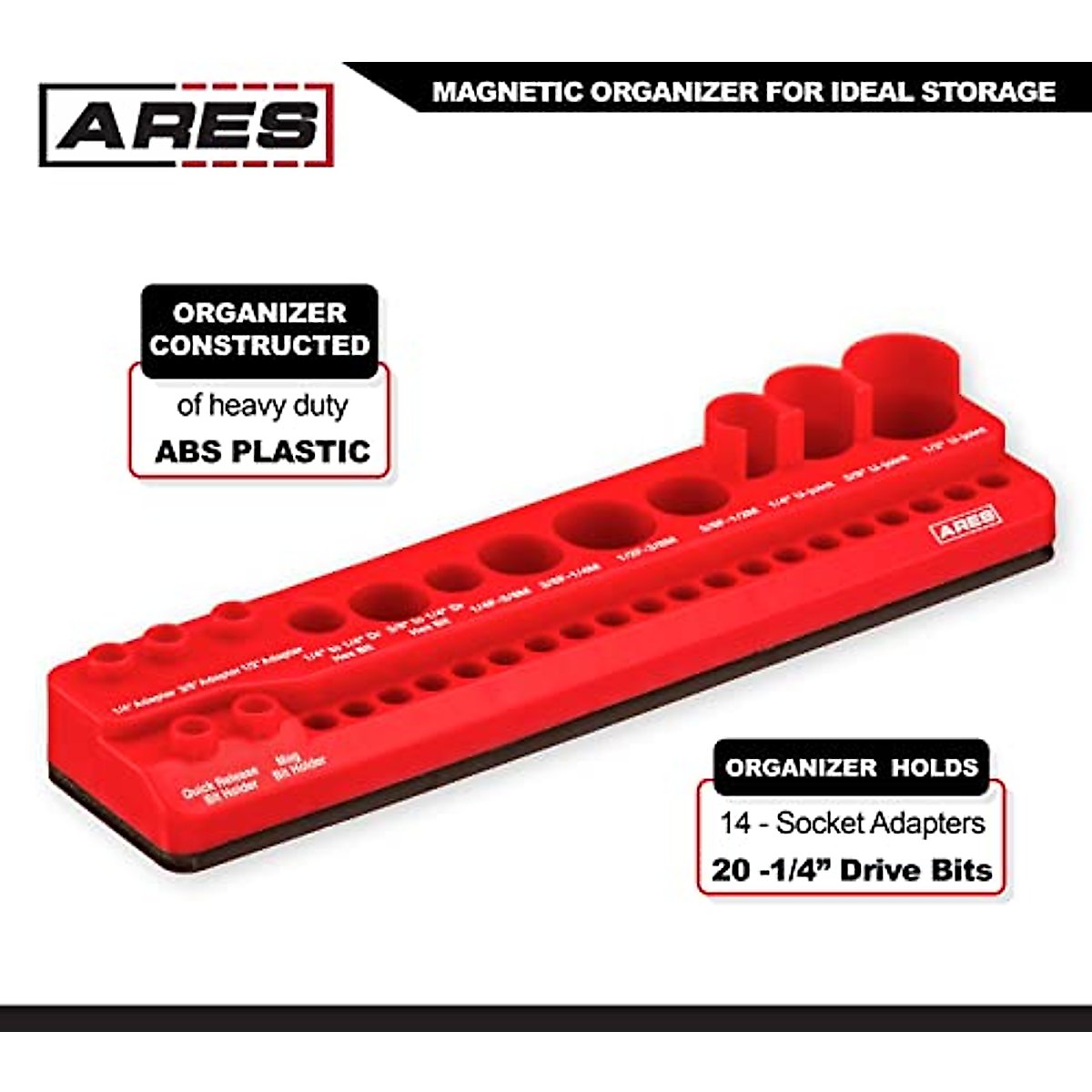 ARES 70751-34-Piece Socket Accessory Set - Includes Adapters, Universal Joints, Bit Holders, and Bits - Magnetic Organizer for Ideal Accessory Storage
