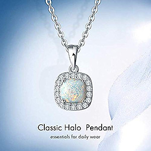 Carleen Created Opal Pendant Necklace 925 Sterling Silver October Birthstone Jewelry Cubic Zirconia CZ Halo Prong Setting Fine Jewelry Birthday Gifts for Women, 18" Silver Chain