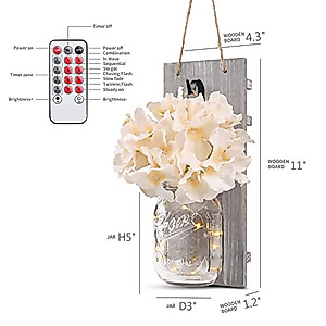 HOMKO Decorative Mason Jar Wall Decor - Rustic Wall Sconces with 6-Hour Timer LED Fairy Lights and Flowers - Farmhouse Home Decor (Set of 2)