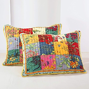 Hailea Boho Bedding Sets Queen Patchwork Quilt Set Vintage Floral Plaid Bedding Luxury Flower Quilt Lightweight Reversible Yellow Red Pink Bedspread Coverlets All Season, Boho Quilt Bohemia Quilt