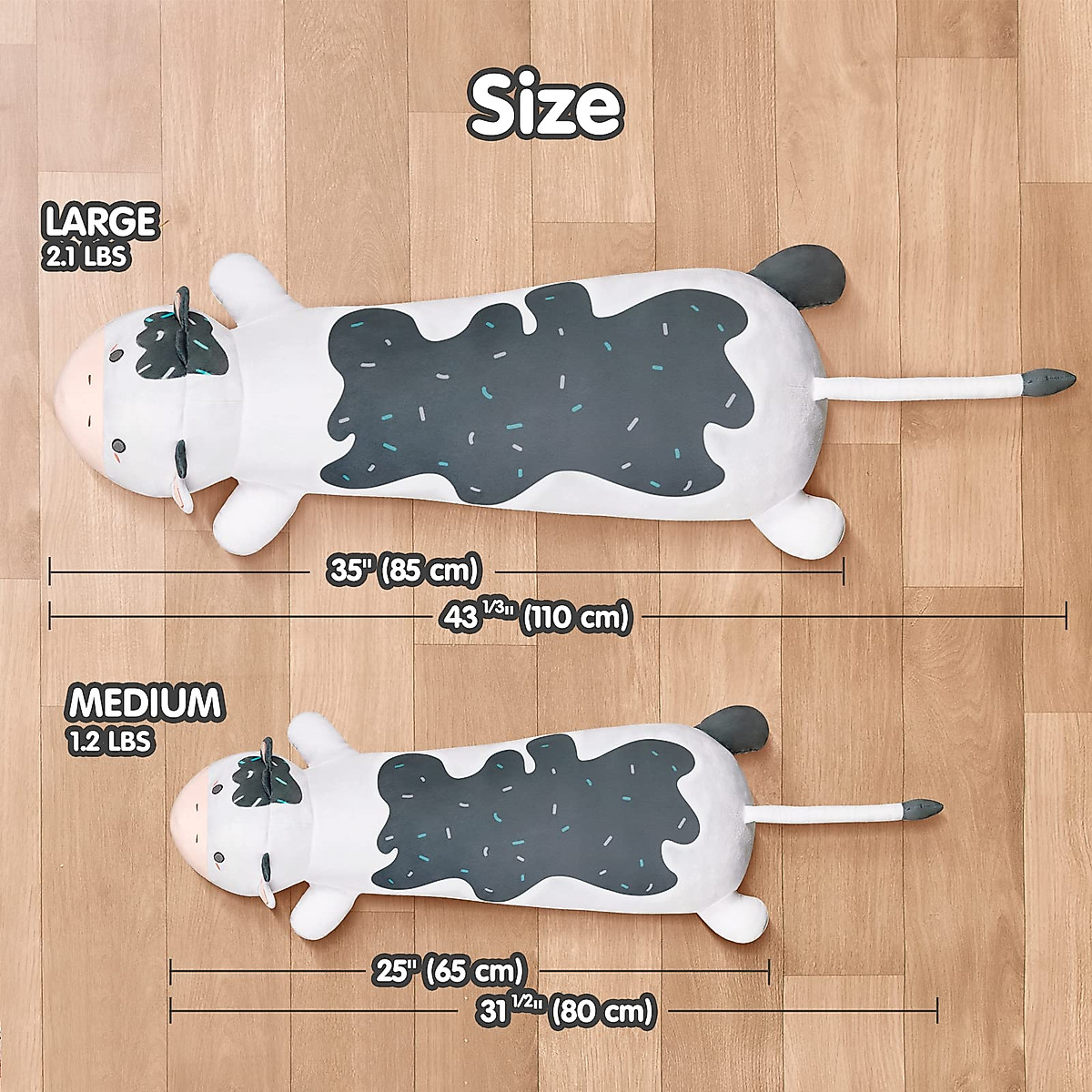 Mewaii Cow Plush Body Pillow, 35" Kawaii Milk Cow Stuffed Animals Squishy Pillow, Cute Plushies Cuddle Pillow for Kids, Long Plush Cow Pillow Toys, Birthday Gifts for Women, Girls and Males
