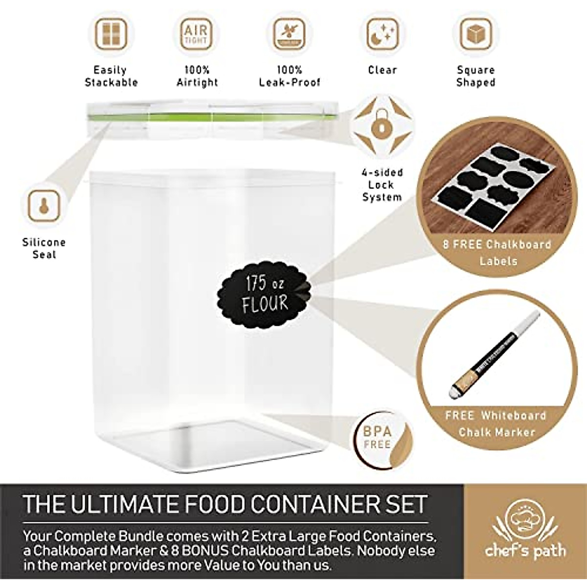 Chef's Path Extra Large Food Storage Containers with Lids Airtight (5.2L|175Oz|2 Pack) for Flour, Sugar, Rice & Baking Supply - Airtight Kitchen & Pantry Bulk Food Storage for Kitchen Organization