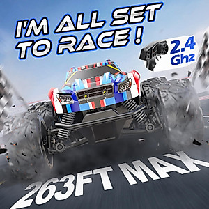 DEERC RC Cars, High Speed 2.4 GHz All Terrain Remote Control Monster Truck with 2 Batteries for 40 Min Play, Best Toys Racing Car Gifts for Boys Girls Kids Beginners