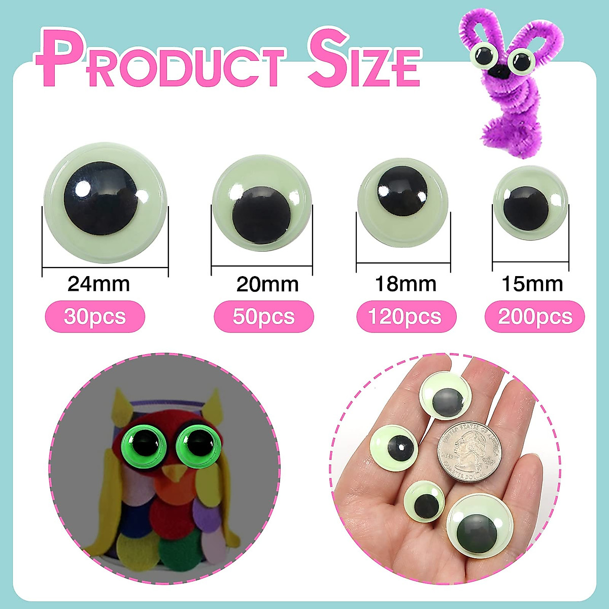TOAOB 400pcs Glow in The Dark Wiggle Googly Eyes Self Adhesive Luminous Googly Eyes 15mm 18mm 20mm 24mm Plastic Sticker Eyes for DIY Crafts Scrapbooking Decoration