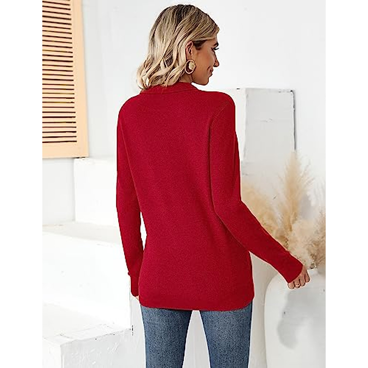 Romanstii Collared Sweaters for Women Knitted Long Sleeve V Neck Fitted Polo Shirts Trendy Winter Pullover Tops,Red,M