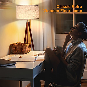 LEPOWER Wood Tripod Floor Lamp, Mid Century Standing Lamp, Modern Design Studying Light for Living Room, Bedroom, Study Room and Office, Flaxen Lamp Shade with E26 Lamp Base