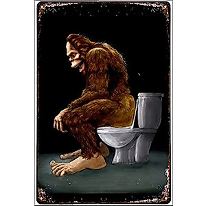 Bigfoot Sitting On Toilet Funny Retro Metal Tin Sign, Vintage Bathroom Toilet Decoration Metal Poster Plaque for Home Bar Restaurant Cafe Wall Decor 8x12 Inch