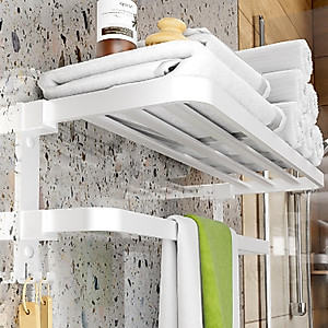 Foldable Towel Rack, Wall Mounted with 2 Bars and Hooks, 23.6" (White)