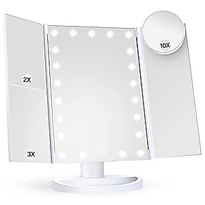 Makeup Mirror Vanity Mirror with Lights, 2X 3X 10X Magnification, Lighted Makeup Mirror, Touch Control, Trifold Makeup Mirror, Dual Power Supply, Portable LED Makeup Mirror, Women Gift (White+10X)