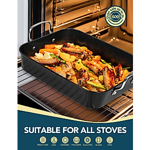 MICHELANGELO Carbon Steel Roasting Pan with Rack, Turkey Roasting Pan 15 Inch x 11 Inch, Nonstick Turkey Roaster Pan with Stainless Steel Rack, Induction Compatible