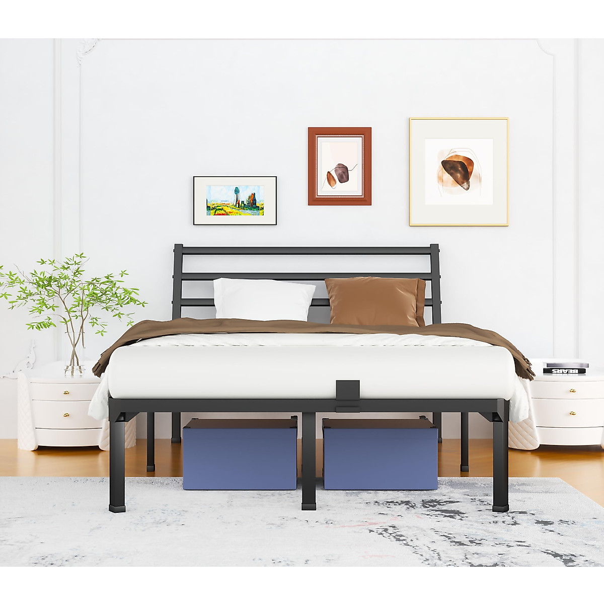 ROIL Full Size Metal Bed Frame with Headboard, 14inch Black Heavy Duty Platform with Steel Slats Support and Mattress Stoppers, 3500LBS No Box Spring Needed, Easy Assembly Noise-Free